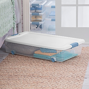 Sterilite 56 Qt Wheeled Latching Storage Box, Stackable Bin with Latch Lid, Plastic Container to Organize Shoes Underbed, Clear with White Lid, 8-Pack