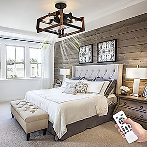 Hoeuns Low Profile Farmhouse Wood Ceiling Fan with Light and Remote Control for Bedroom Living Room Kitchen
