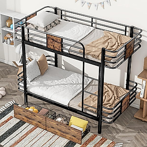 Bunk Bed Twin XL Over Twin XL, Metal Bunk Bed with Storage Drawers and MDF Board Guardrail, Modern Industrial Bunk Bed for Kids Boys Girls Teens, Black