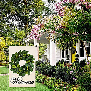 Baccessor Spring Summer Welcome Wreath Garden Flag Magnolia Leaves Small Yard Flag Vertical Double Sided Burlap Farmhouse Seasonal for Lawn Outdoor Outside Decoration 12 x 18 Inch