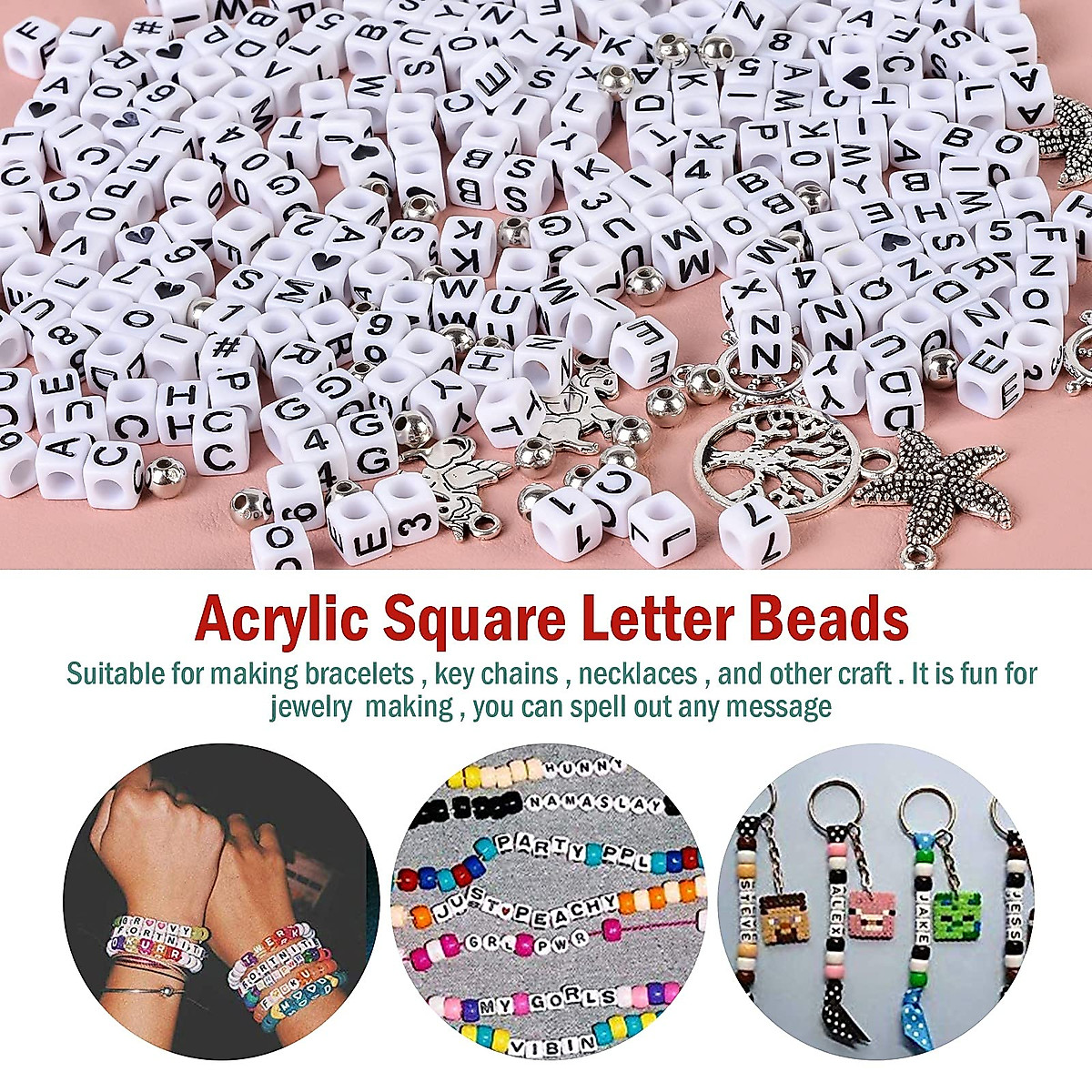Heflashor 1900pcs Letter Beads for Bracelets 9 Color Acrylic Cube Square Alphabet Number Beads A-Z and Heart Beads with 1 Roll Elastic Crystal String Cord for Jewelry Making/Necklaces,6 X 6mm