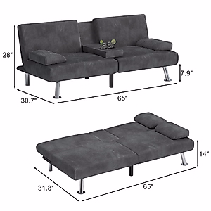 YESHOMY Futon Sofa Bed Corduroy Folding Couch with Removable Armrests, Metal Legs, 2 Cup Holders for Living Room, Grey