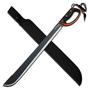 Jungle Master – Machete w/ Reverse Serrations – Black/Satin Blade, Full Tang, Black/Orange Rubberized Nylon Fiber Handle, Nylon Sheath, Outdoor, Hunt, Camp, Hike, Survival, JM-024L