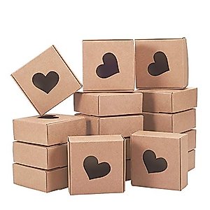 BENECREAT 30 Packs Kraft Paper Boxes with Heart Shape Hole (No Film) 3x3x1.2 Cardboard Gift Boxes for Wedding Party Favor Treats and Jewelry Packaging