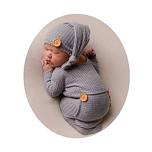 Fashion Newborn Boys Girls Baby Photo Shoot Props Outfits Crochet Clothes Long Tail Hat Pants Photography Props (gray)