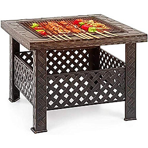 LEAYAN Garden Fire Pit Grill Bowl Grill Barbecue Rack Outdoor Fire Pit with BBQ Grill Shelf Metal Garden Fireplace Patio Firepit Stove Brazier Outdoor Fireplace BBQ Grill Poker,Outdoor Fire Pits