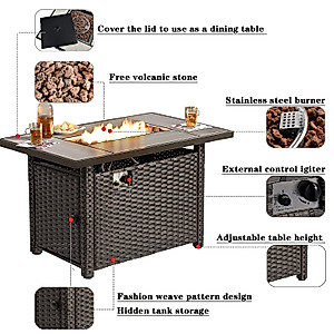 Patio Furniture Set 7 Pieces Swivel Rocking Chairs with 50,000 BTU Propane Fire Pit Table Outdoor Wicker Conversation Sofa Couch and Matching Side Table and Ottomans,Brown Wicker Orange Red