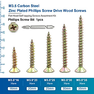 NINDEJIN Flat Head Wood Screws Assortment Kit, Phillips Drive Self Tapping Screws, M3.5 Small Wood Screws, Finish with Yellow Zinc Plated, 151 pcs Self-Tapping Screws Set with 1pcs Phillips Screw Bit