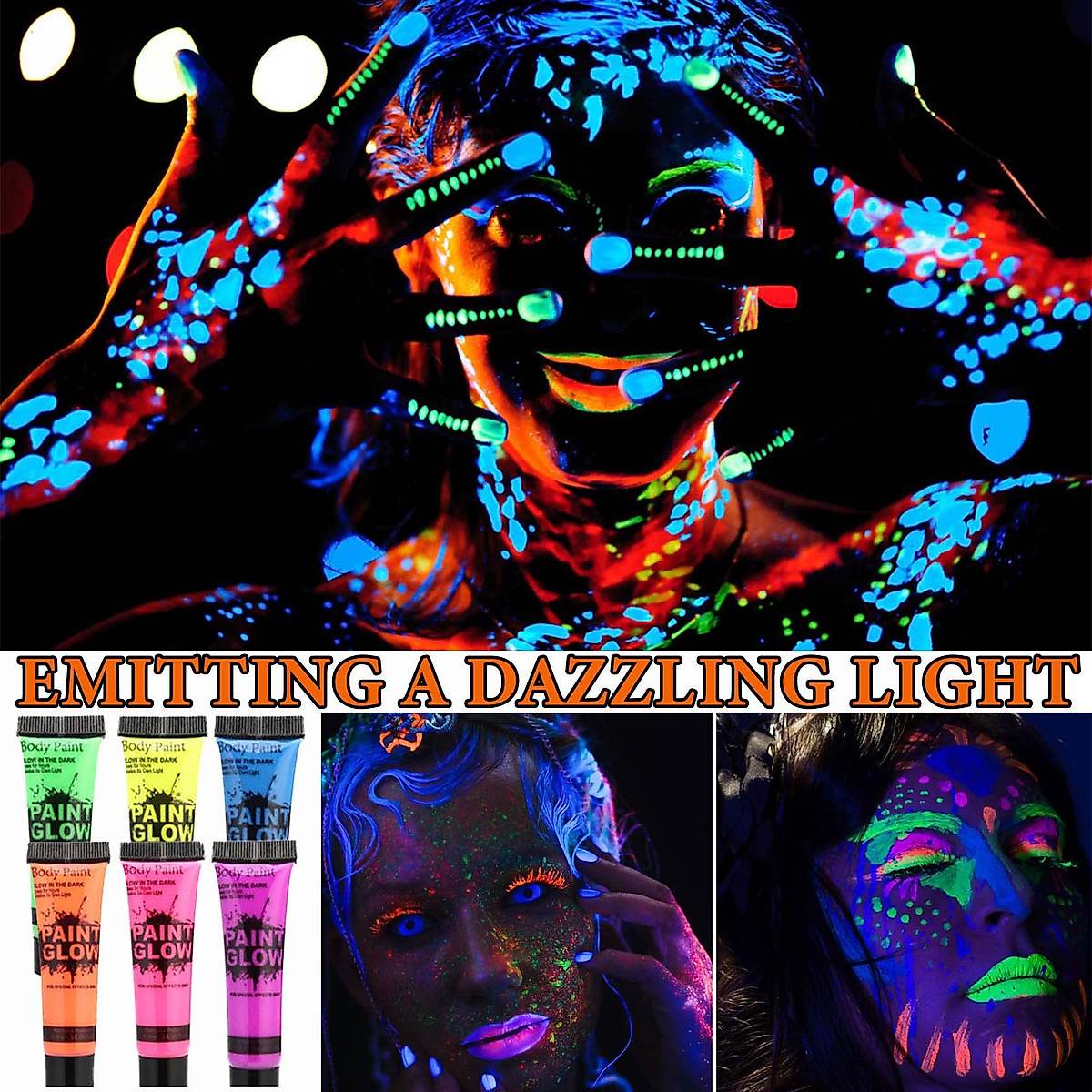 6 Pcs Glow in the Dark Face Body Paint,Blacklight Neon Face & Body Paints,Easily Cleanable Face & Body Paint Set Neon Body Makeup Glow in the Dark Party Supplies