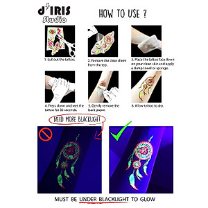 Temporary Tattoos – 3 Sheets Tattoo Design Body Art Blacklight Reactive Light Festival Accessories Glow in the Dark Party Supplies | 7.2” x 5.2” Temp Tattoos Great for EDM EDC Party Rave Parties