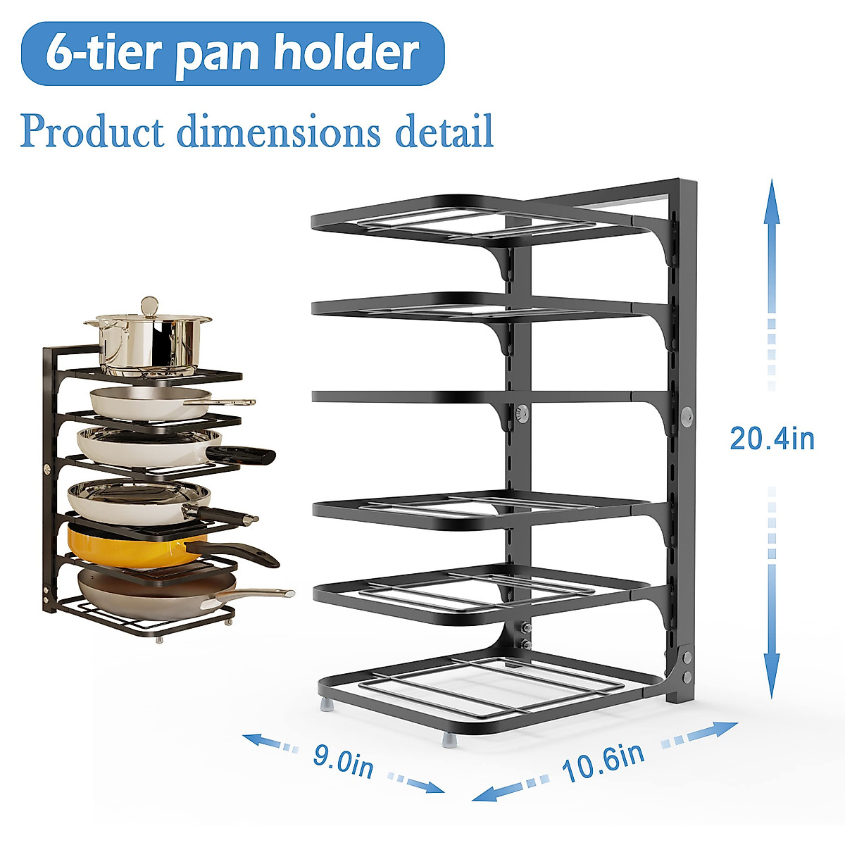 Auroglint 6-Tier Adjustable Pan Organizer, Pot and Pan Organizer for Cabinet, Premium Kitchen Organization & Storage Shelves, Pot Lid Organizer (BLACK)