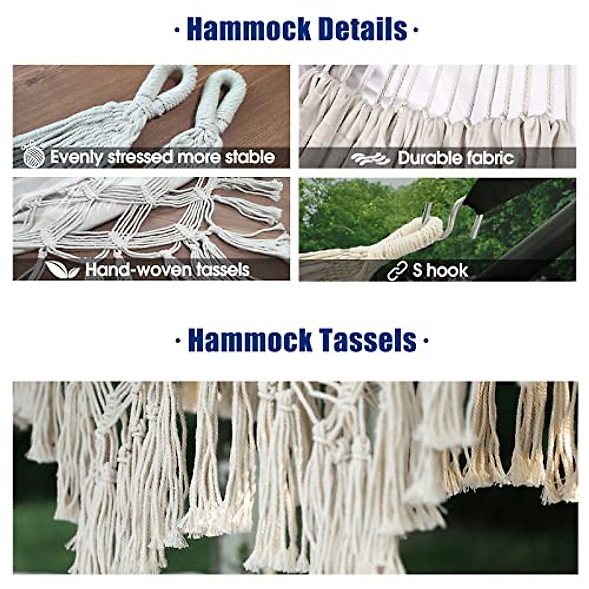 Anyoo Hammock Garden Cotton Hammock Comfortable Fabric Elegant Deluxe Tassels Durable Swing Hammock Up to 450lbs Portable Hammock with Travel Bag,Perfect for Porch Patio Yard Bedroom Outdoor/Indoor