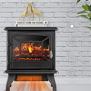 Della 17 Inch 1400W Compact Freestanding Portable Electric Fireplace Stove Heater with Realistic 3D Flame Effect, Infrared Quartz Indoor Heat, Faux Logs - Black