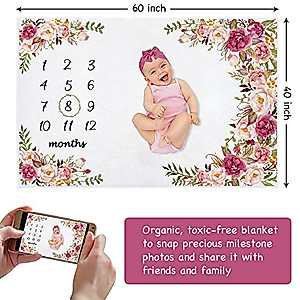Yokakio Baby Monthly Milestone Blanket Girl, Milestone Blanket for Baby Girl, Track Growth and Age, Newborn Shower Gifts for Mom, Includes Floral Wreath & Pink Bow Headband, 60" X 40"