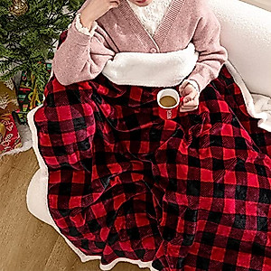 HBlife Sherpa Buffalo Plaid Christmas Throw Blanket for Couch 50X60 Inches, Super Cozy Fuzzy Fleece Warm Plush Holiday Decorative Cabin Blankets and Throws, Black and Red