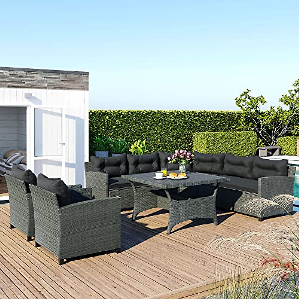 DHPM 6 Pieces Patio PE Wicker Furniture Set Outdoor Brown Rattan Sectional Conversation Sofa Chair with Storage Table and Beige Cushions, for Garden, Yard, Deck, Black