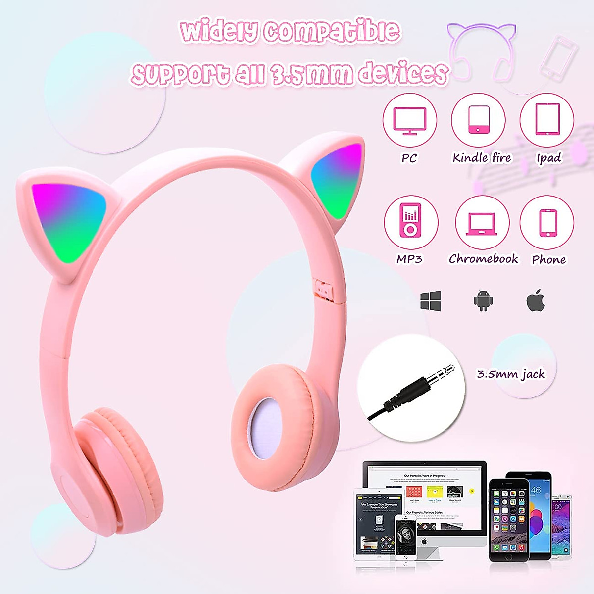 Pink Headphones for Kids, Megedream Cat Ear Led Light Up Kids Headphones Wiressless, 3.5mm Jack Wired, TF Card 3 in 1 Headset for Kids/School/iPad/Kids Tablet/Travel - Foldable Over
