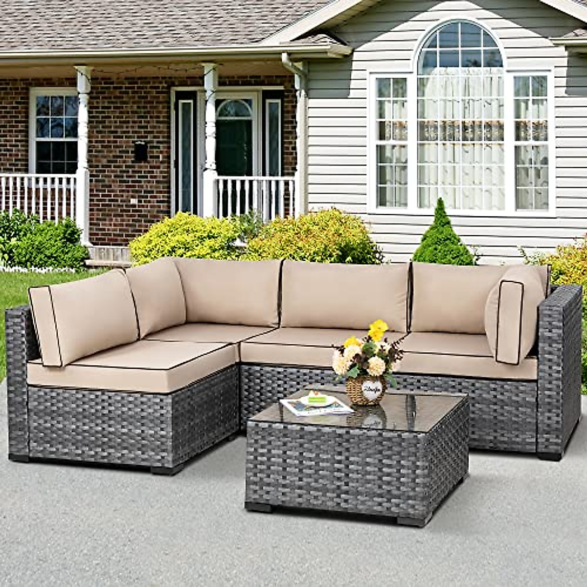 JAMFLY 5 Pieces Patio Furniture Sets, Wicker Outdoor Sectional Furniture with Glass Table and Cushions, Rattan Patio Conversation Sets for Garden, Poolside, Backyard(Khaki)