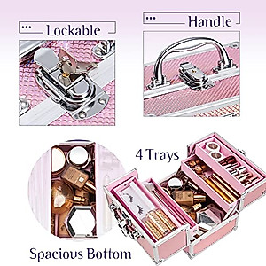 FRENESSA Makeup Train Case Beauty Cosmetic Box 4 Tier Trays Jewelry Storage Organizer with Lockable Pink Lining Perfect for Women and Girls - Mermaid Pink