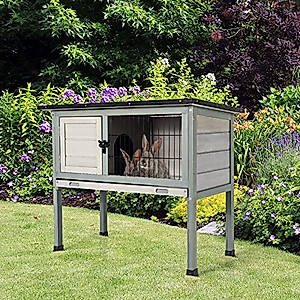 Tangkula Elevated Wood Rabbit Hutch, Indoor Outdoor Bunny Cage with Openable Roof and Removable Tray, Chicken Coop with Lockable Door, Guinea Pig Cage, Small Animal Houses & Habitats (Grey)