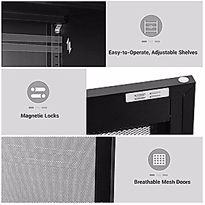 SONGMICS Metal Storage Cabinet with Mesh Doors, Multipurpose Storage Rack, 3-Tier Office Cabinet, Max. Load Capacity 55 lb per Tier, Black UOMC002B01