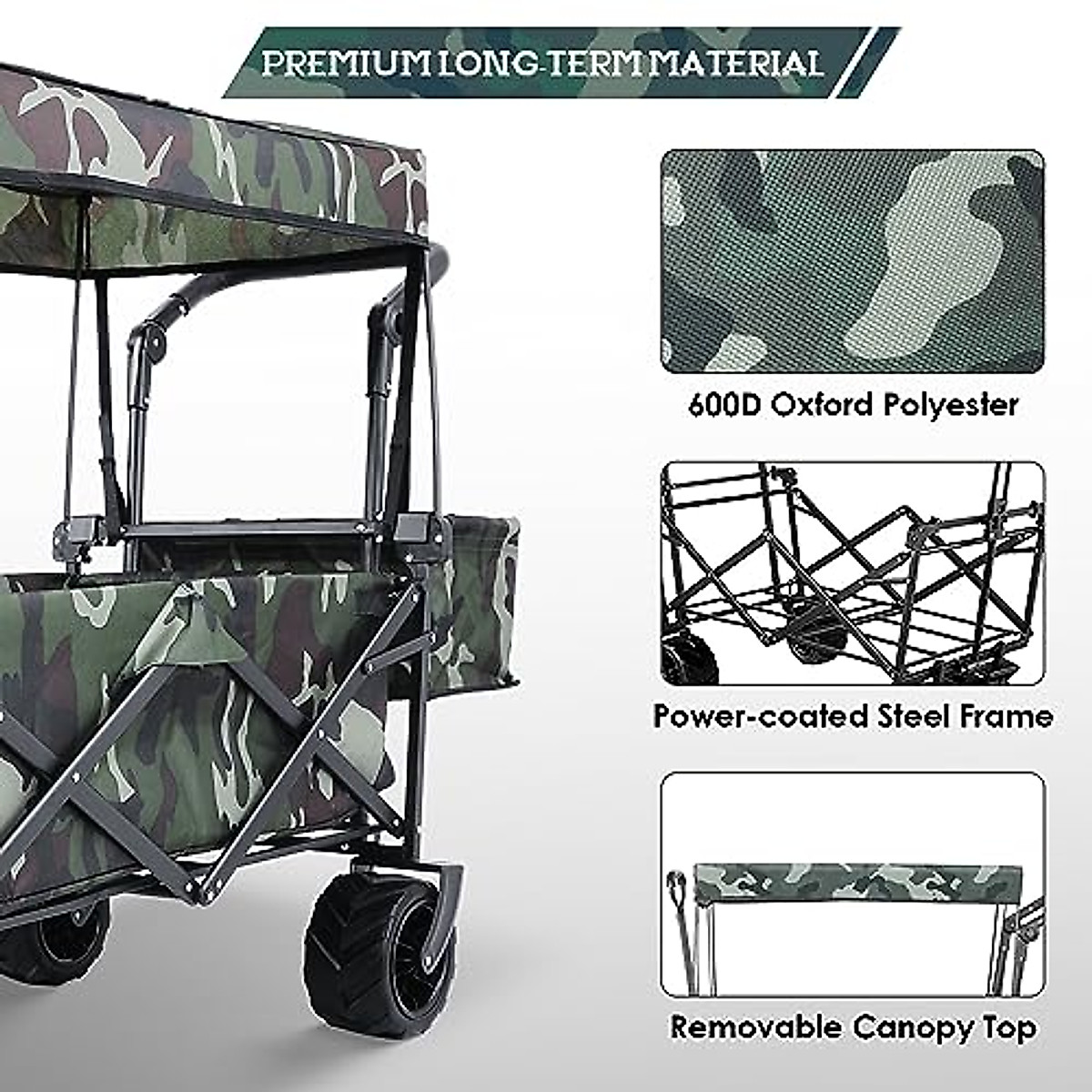 Arlopu Collapsible Garden Cart w/Removable Canopy, Extra Large Folding Utility Wagon Carts w/7" Wheels, Heavy Duty Outdoor All Terrain Beach Wagon for Camping, Shopping, Picnic, Sports (Camouflage)