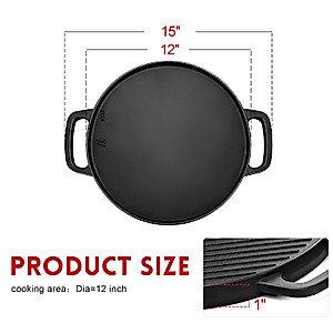 GGC Cast Iron Reversible Griddle, 12 inch Griddle Pan for Stove Tops, Gas Grills and Outdoor Cooking, Double-sided Griddle Plate with Baking Flat and Ribbed