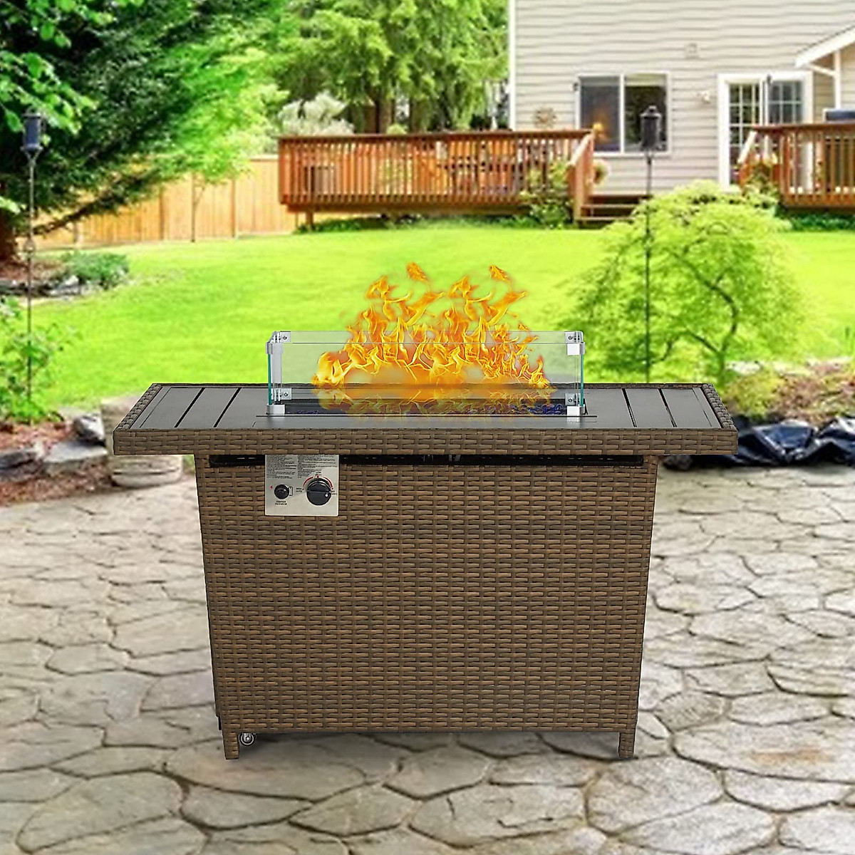 Kinsuite Propane Tank Cover Table 16" Side Hideaway Wicker Tank Table for Gas Fire Pits, Rattan Tank Table Cover with Storage & Adjustable Foot for Standard 20 Gallon Propane Tanks, Brown