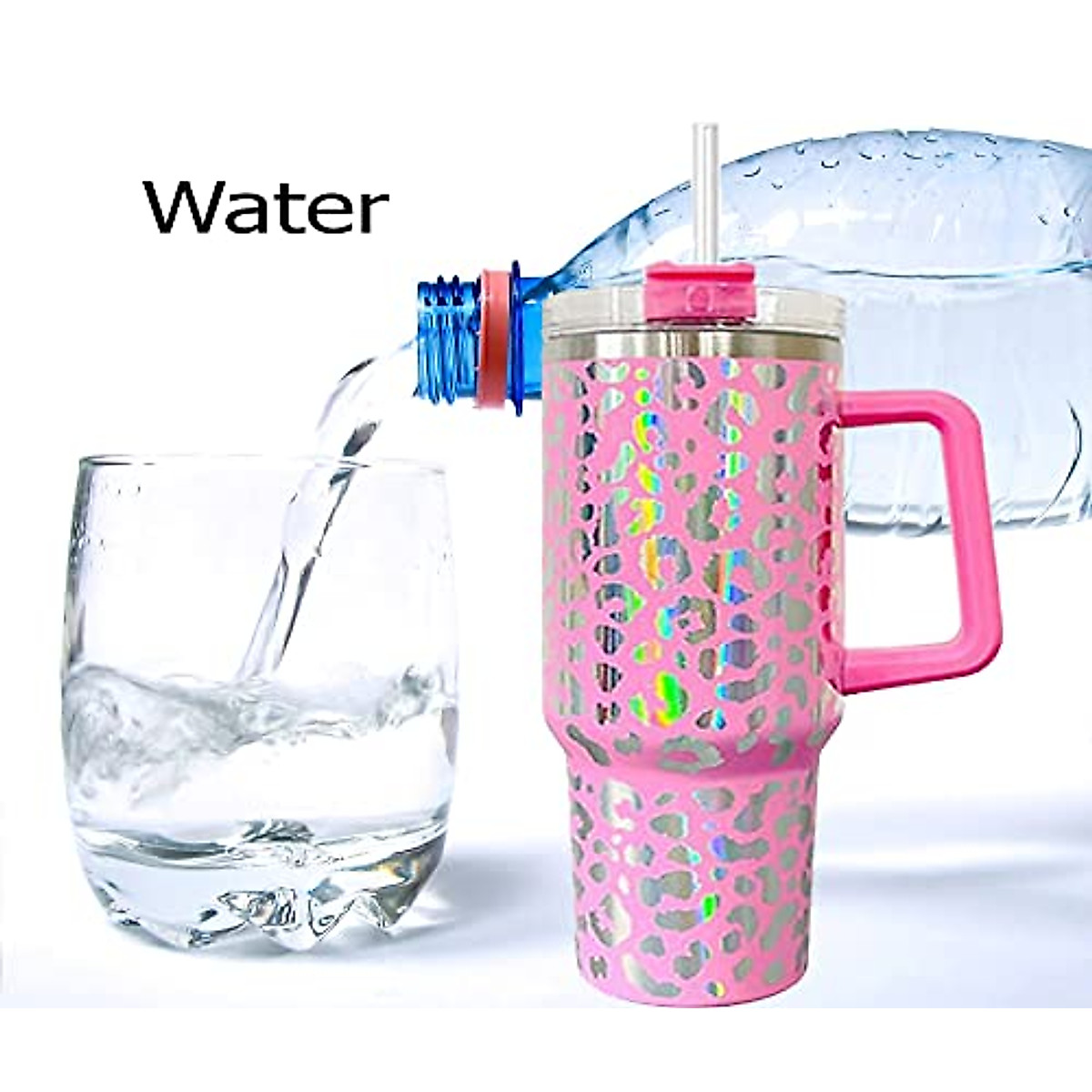 Holographic Leopard Tumbler 40 oz with Handle, Water Bottle, Gifts for Women & Men, Insulated Cup with Lid and Straw, Simple Modern, Water Bottles & Stanley Cups Trending Tumbler Gift 3D Pink