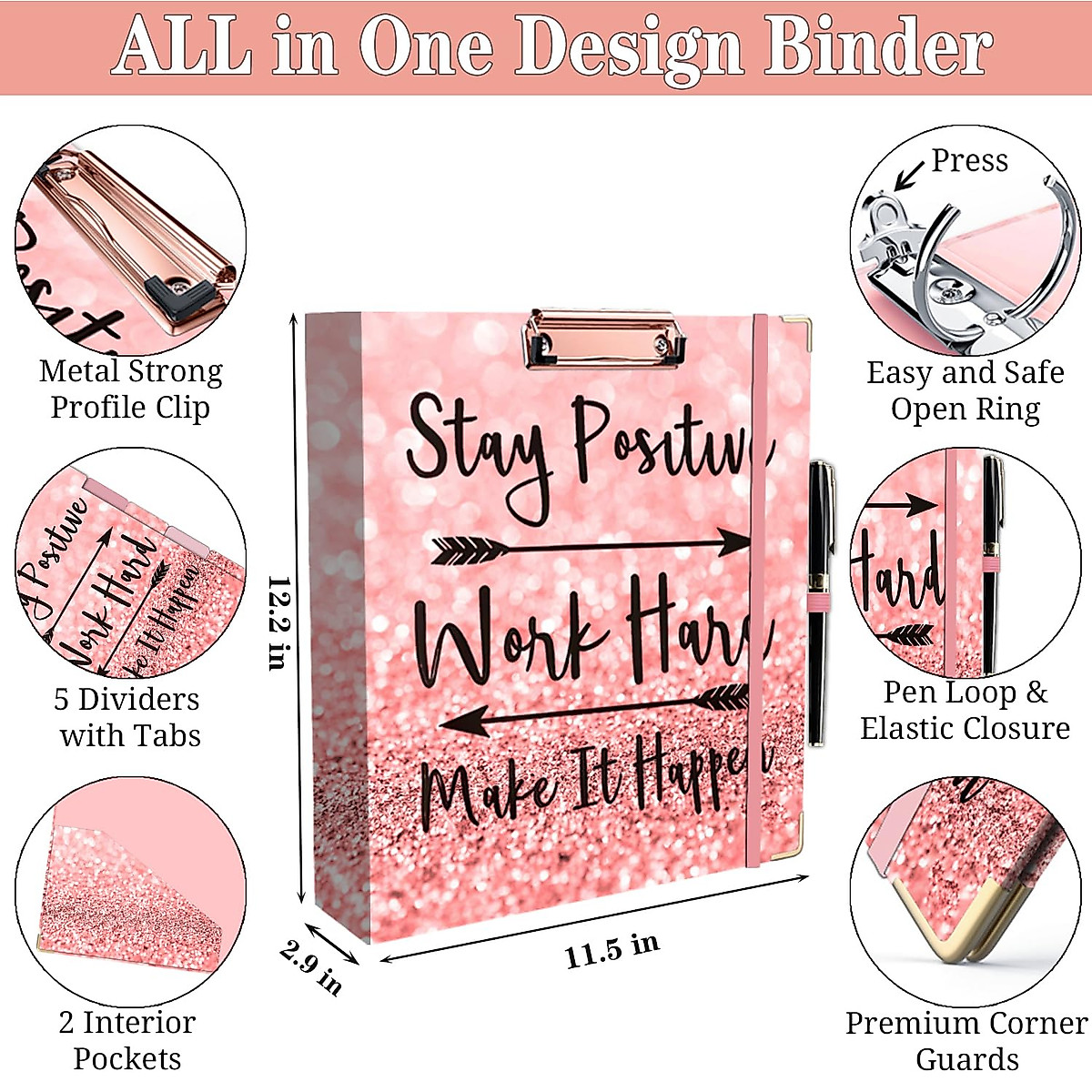 Lateefah 3 Ring Binder, 2 Inch Binder Organizer for Letter Size(8.5'' x 11'') with 5-Tab Dividers and Pockets, Portfolio Binder Cute Binder with Low Profile Clipboard for Office, School Supplies