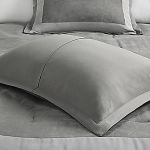 Madison Park Darcey Cozy Comforter Set, Faux Suede, Deluxe Hotel Styling All Season Down Alternative Bedding Matching Shams, Decorative Pillow, Full/Queen(90 in x 90 in), Border Grey 4 Piece