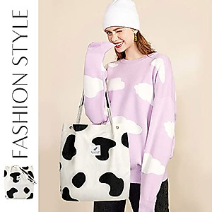 Corduroy Tote Bag for Women Girls Shoulder Bag with Inner Pocket For Work Beach Lunch Travel Shopping Grocery (Cows White, 1 Pcs)