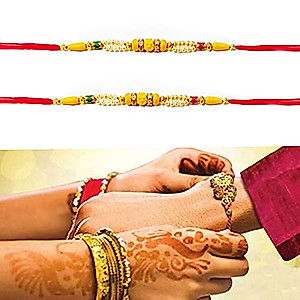Set Of Two Rakhi Fro Brother Beautiful Handmade Rakhi With 3 Brown Beads And a Combination Of Multicolor Stone Rakhi Set For Rakshabandhan Gift