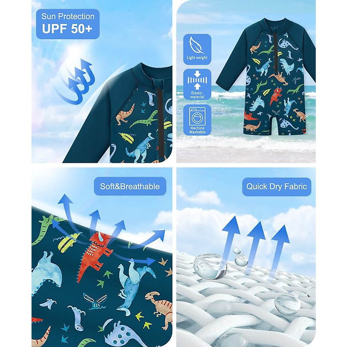 BesserBay Long Sleeve One Piece Rashguard UPF 50+ Dinosaur Navy Zip Up Swimwear for Baby Boy 18-24 Months