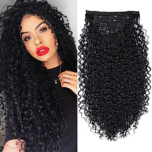 BHF 26 inch Kinky Curly Clip In Hair Extensions, Double Weft Full Head Japanese Heat Resistance Fiber 140g Synthetic Curly Hair Extensions For Women 7pieces (#1B)