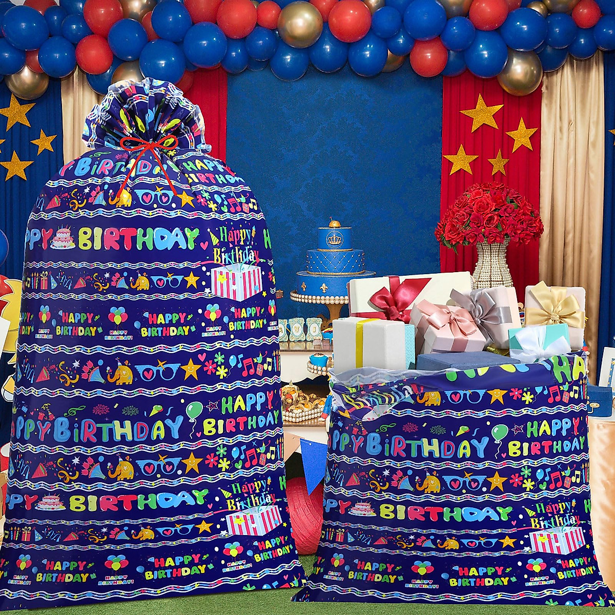 Zonon 3 Pieces 56 Inch Extra Large Blue Happy Birthday Gift Bag Jumbo Plastic Gift Bags Oversized Gift Wrapping Bags Storage Bag for Birthday Party Favors Supplies Heavy Duty Bag (Birthday Style)
