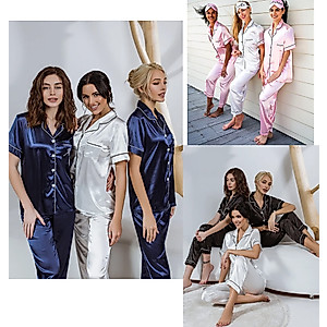 SWOMOG Womens 4 Piece Pajamas Silk Button Down Tops Satin Cami Tank Top Ruffle Shorts Lounge Sets Summer Pjs Soft Sleepwear