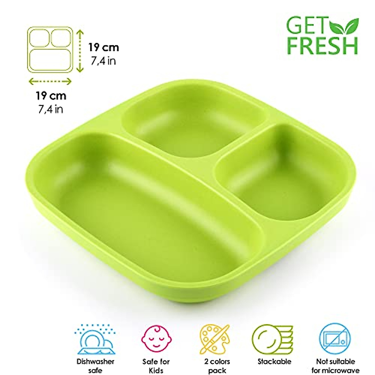 GET FRESH Bamboo Kids Divided Plates Set – 2-Pack Reusable Sectioned Bamboo Childrens Plates for Kids Meals – Colorful Bamboo Toddler Divided Plates Set – Bamboo Kids Dinnerware Compartment Plates