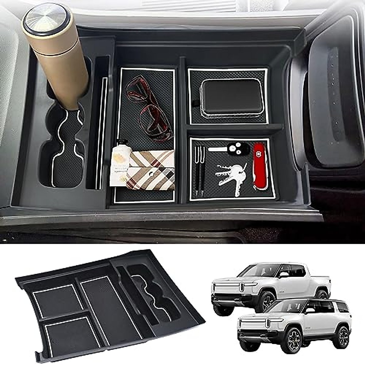 Lower Center Console Organizer for Rivian R1T & Rivian R1S Floor Storage Insert Box with White PVC Trim Rivian Organizer Tray with Cup Holder Compatible with Rivian R1T R1S 2022 2023