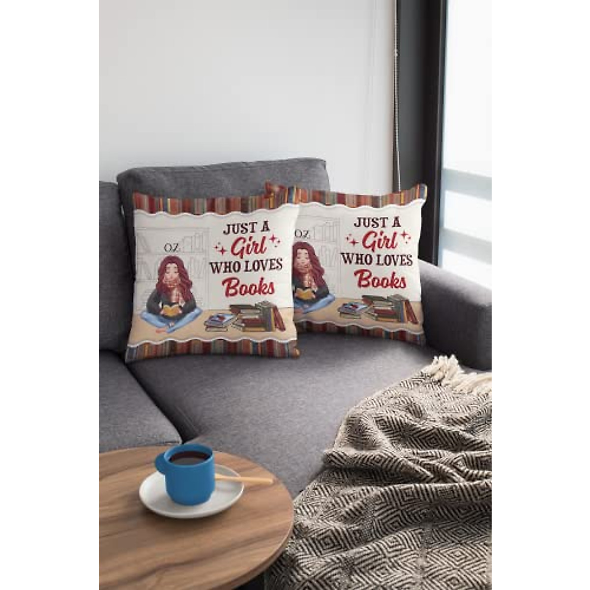 Nimo Personalized Girl & Books Pillow Customize Clothes Skin Tone & Hairstyle Gift for Book Lover Bookworm Meaningful Gift for Friends Birthday Gift Couch Sofa Decor Just A Girl Who Loves Books