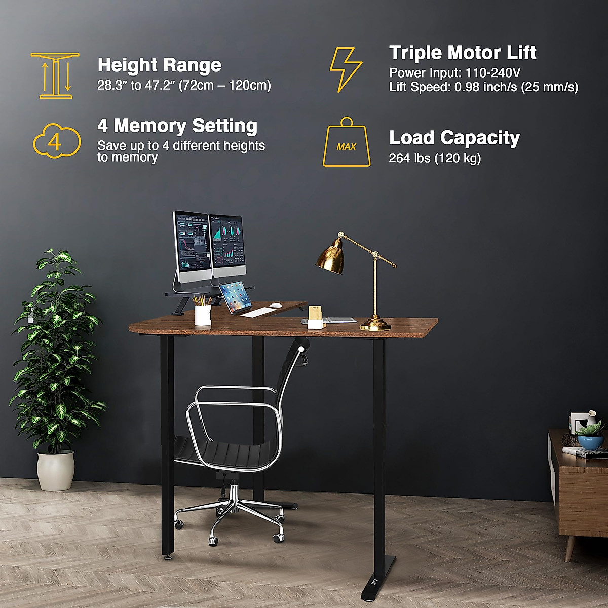 AVLT 47" Electric Standing Desk (3 ft 11 inches) L Shaped Sit Stand Desk Height Adjustable with Swappable Mid Foot Design - 3 Leg Motorized Corner Desk - Frame Only - Black