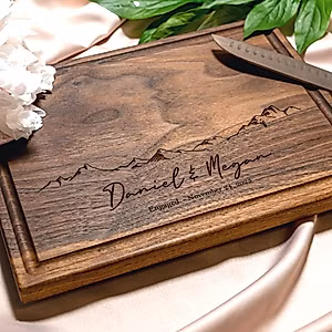 Personalized Cutting Board, Custom Wedding, Anniversary or Housewarming Gift Idea, Wood Engraved Charcuterie, for Couples and Friends, Minimalist Mountain Design 103