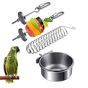 PhantomSky 4PCS Bird Treat Skewer Food Holder, Bird Hanging Stainless Steel Parrot Fruit Vegetable Food Feeder Holder Cage Parakeets Budgie Foraging Toy Include 2 Fruit Fork 1 Food Basket 1 Water Bowl