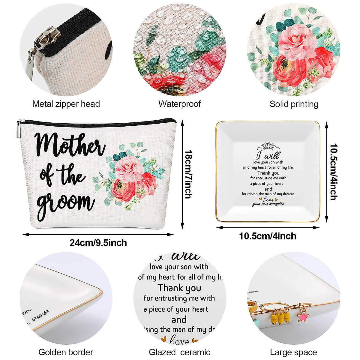 Mother of The Groom Gifts Mother of The Bride Tumblers Mug Makeup Bags Mother Cosmetic Bags Mother Jewelry Tray Ceramic Jewelry Holder Dish Trinket Box for Mom Engagement Party (Mother of The Groom)
