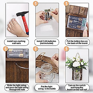 Anpro Mason Jars sconces with Lights,Decorative Mason Jar Wall Decor,Rustic Wall Sconces with 6-Hour Timer LED Fairy Lights and Flowers (2 Pack) Iron Hooks for Christmas,Halloween Decorations