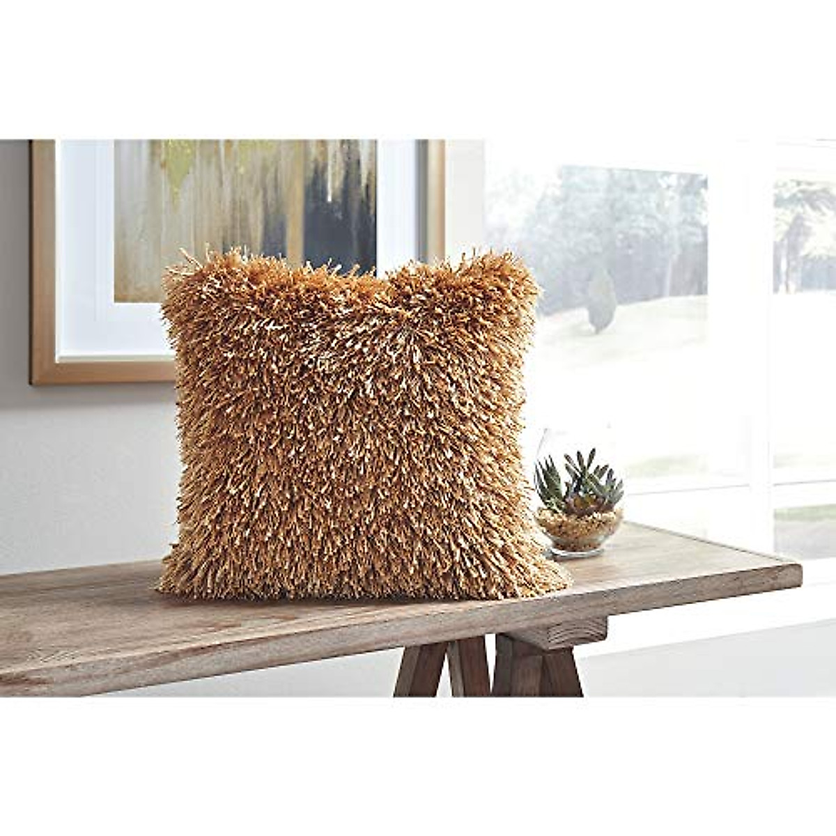 Signature Design by Ashley Jasmen Boho Shag Throw Pillow, 18 x 18 Inches, Golden Orange