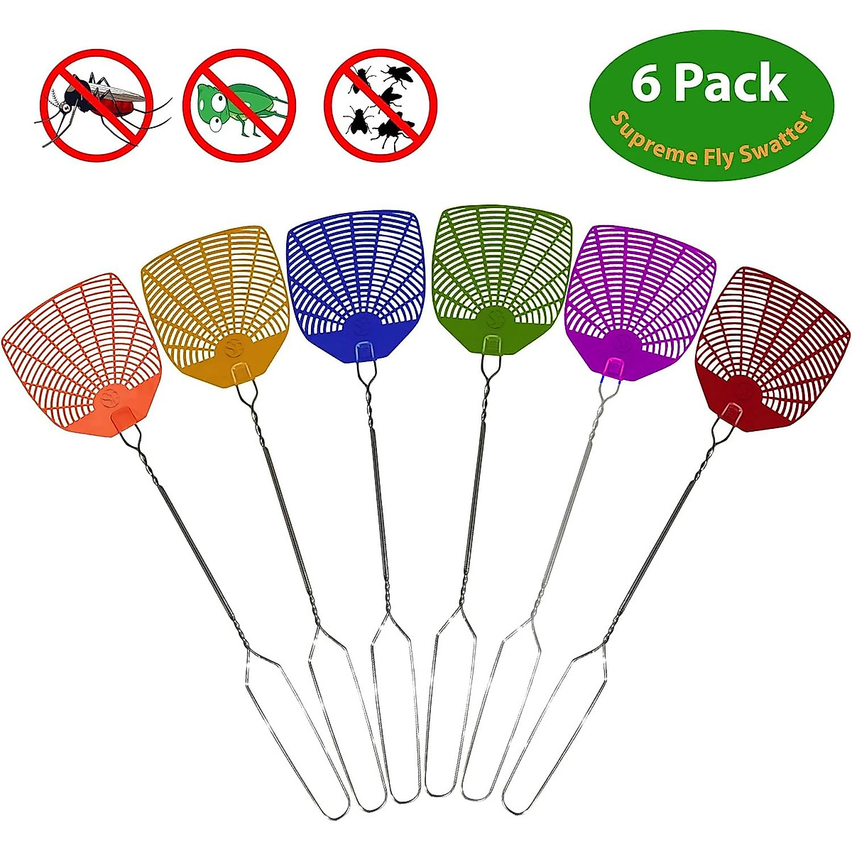 Supreme Bug & Fly Swatter 6-Pack – Braided Metal Handle 6 Pack Fly Swatters, Multi Pack Colors, – for Indoor/Outdoor – Flyswatter