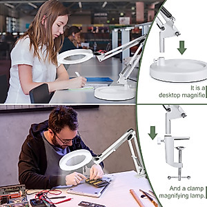 Krstlv 10X Magnifying Glass with Light and Stand, Upgrade Button 5 Color Modes Stepless Dimmable, 2-in-1 LED Lighted Magnifier Light, Hands Free Desk Lamp with Clamp for Craft Hobby Close Work - White