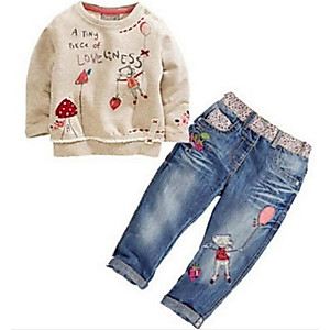 Little Girl's Long Sleeve Cartoon Pullover Shirt and Jeans Pants Outfit Set, Apricot, 4T