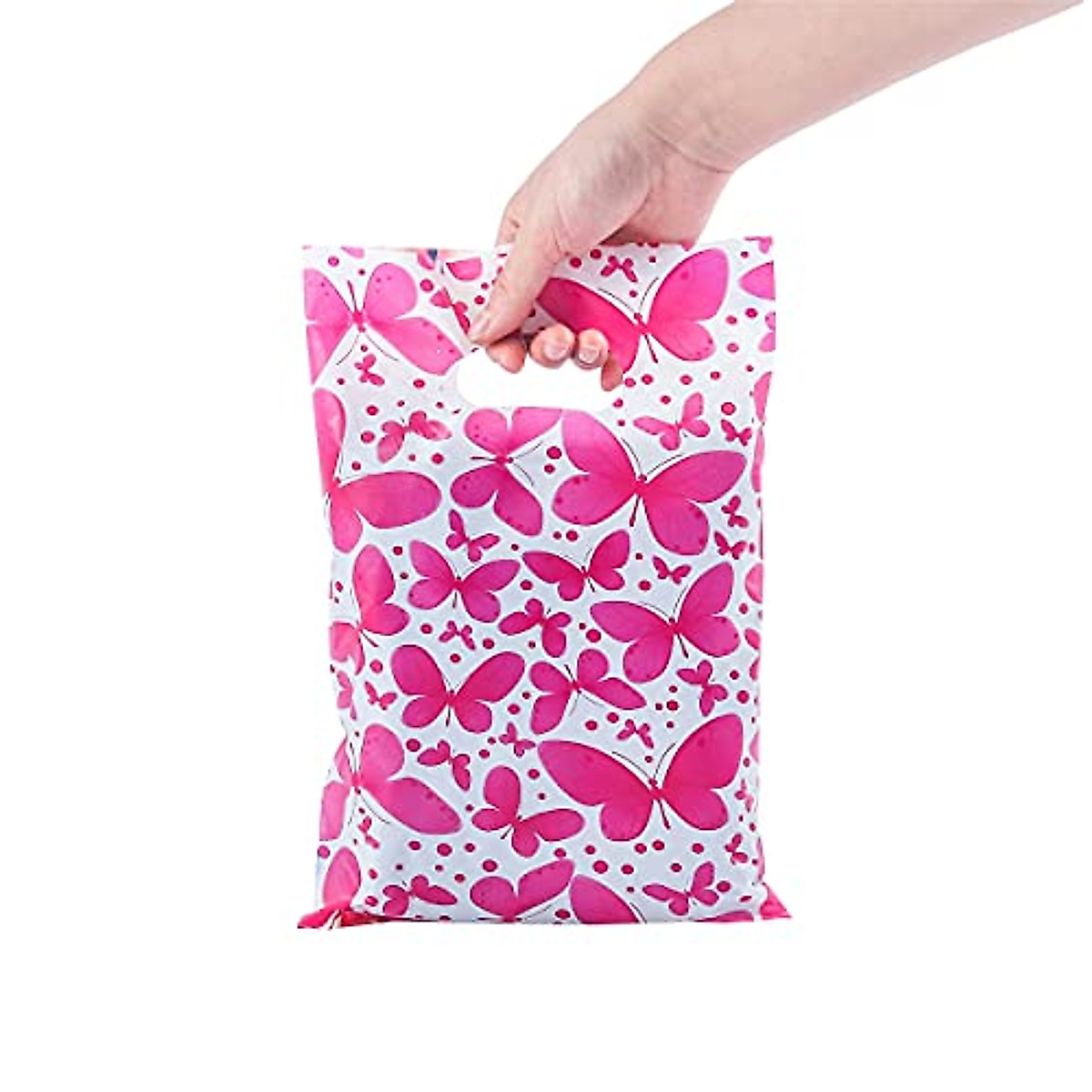 Small Plastic Merchandise Bag for Business, Plastic Shopping Bag with Handle, Retail Bag, Poly Die Cut Bag from ysmile, 1.5 mil 100 ct, 5.9x7.8" - Butterfly